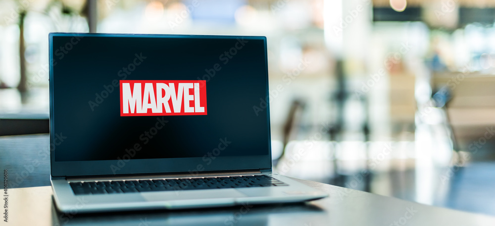 Laptop computer displaying logo of Marvel Entertainment Stock Photo ...