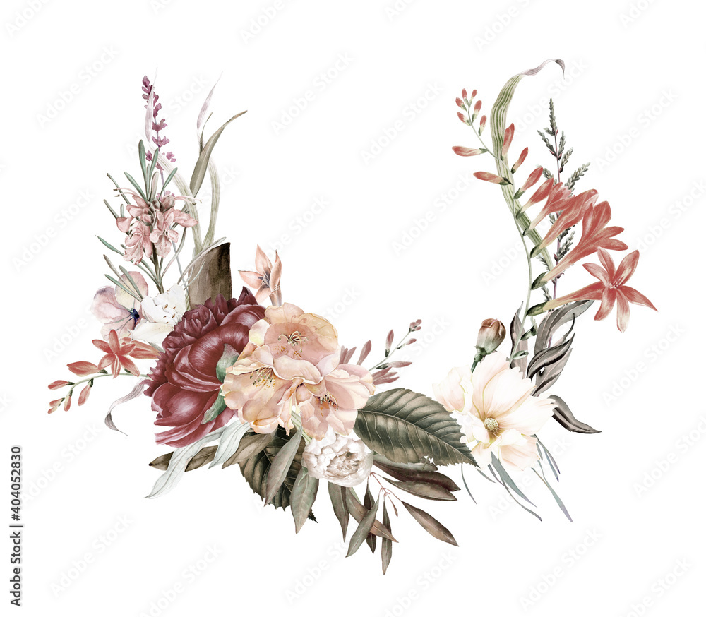 Boho burgundy wreaths clipart, Watercolor blush and burgundy wedding ...