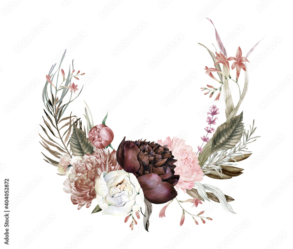 Boho burgundy wreaths clipart, Watercolor blush and burgundy wedding ...