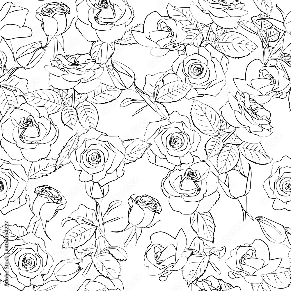 Seamless background with leaves, flowers. Line drawing. Lines have ...