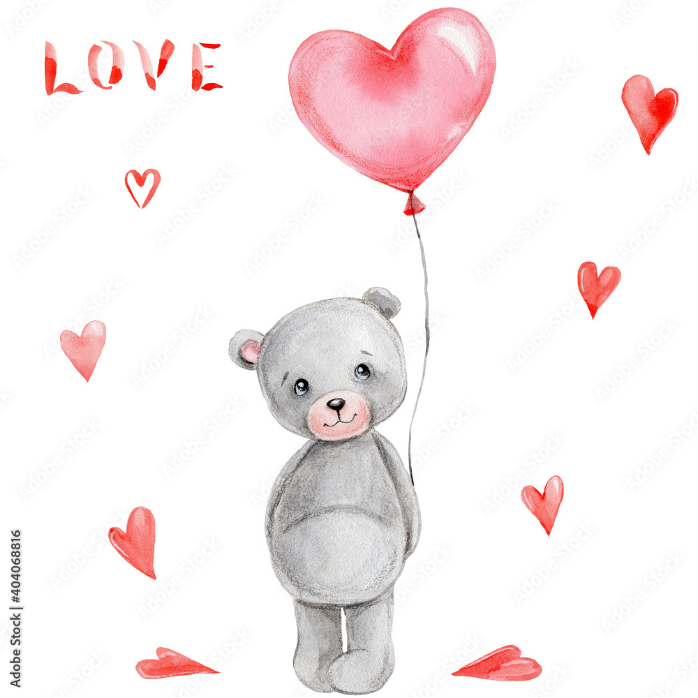 Cute teddy bear with red heart balloon; watercolor hand drawn ...
