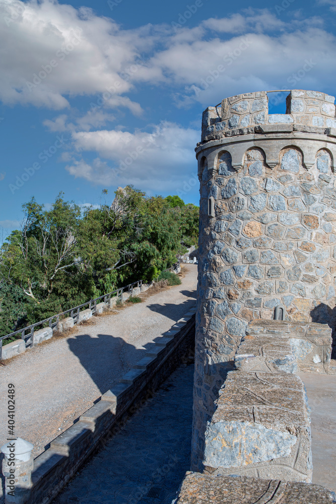 medieval castle driveway seen from the wall next to the watchtower ...