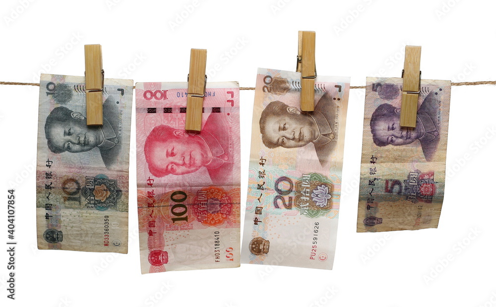 Chinese yuan, various bills, banknote dry hanging on clothesline string ...