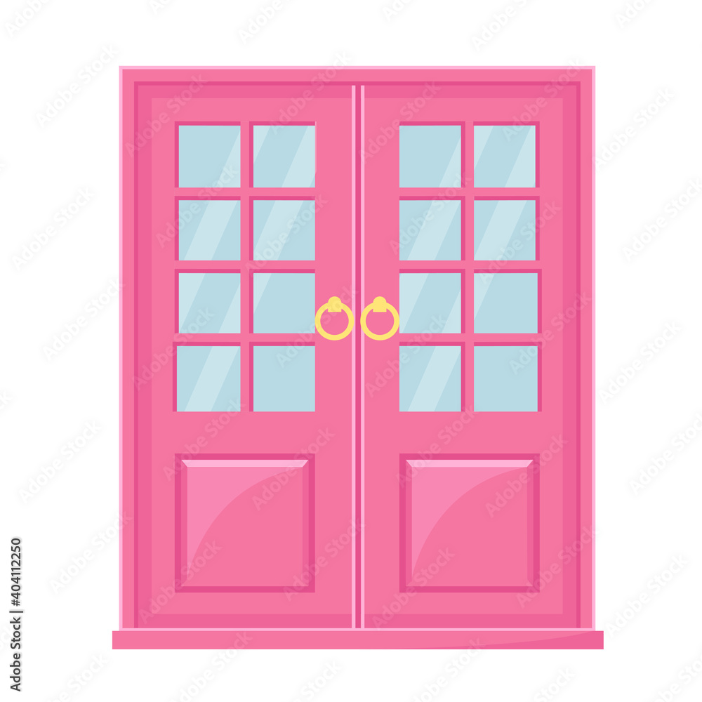 Vector Illustration of a Double-Leaf Pink Front Door with Glass Windows ...