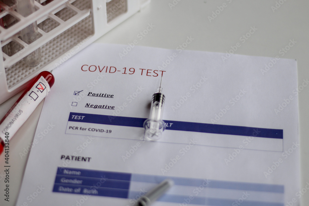 Infected blood sample in the sample tube, Vaccine and syringe injection ...