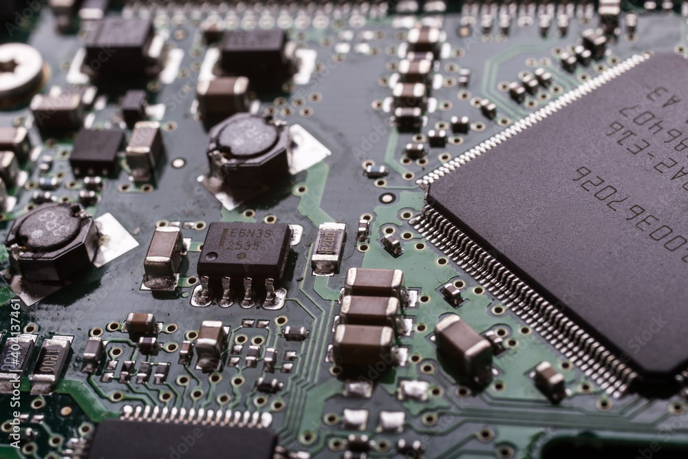 Computer circuits hardware close up. Motherboard parts, chips ...