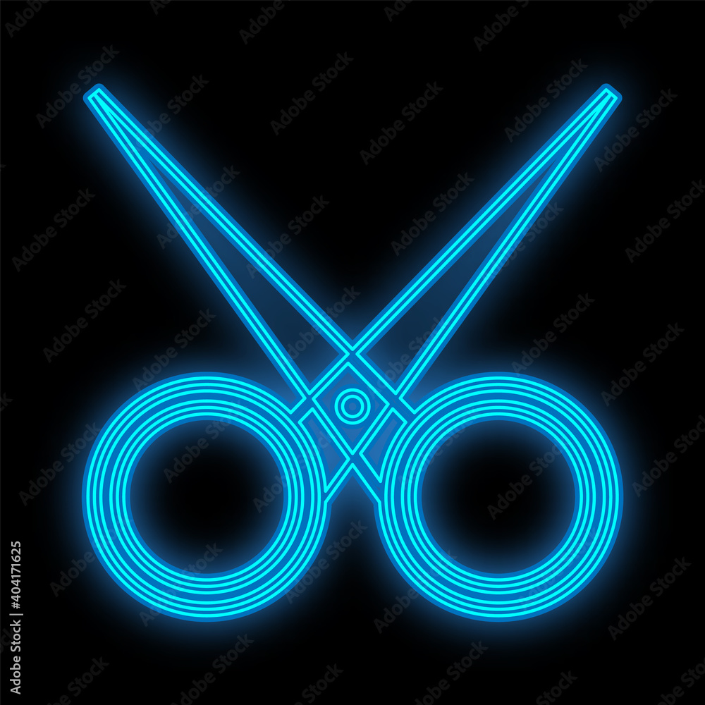 blue neon scissors on a black background. a glamorous hairdresser's ...