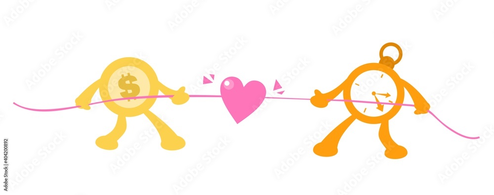cartoon coin dollar money competition with clock time for heart love ...