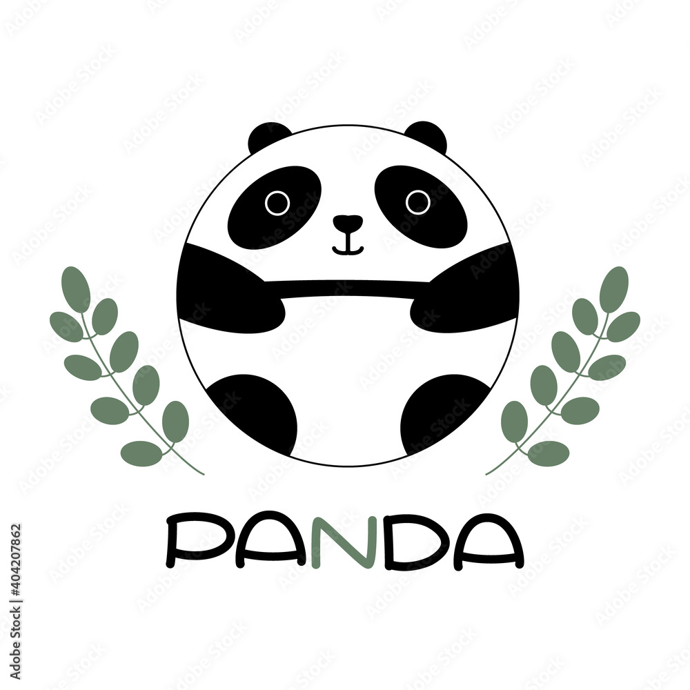 Cute happy cartoon panda with green branches and leaves, with lettering ...