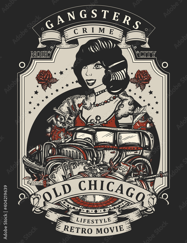 Criminal elegant noir woman. Old Chicago vector concept. Tattoo and t ...