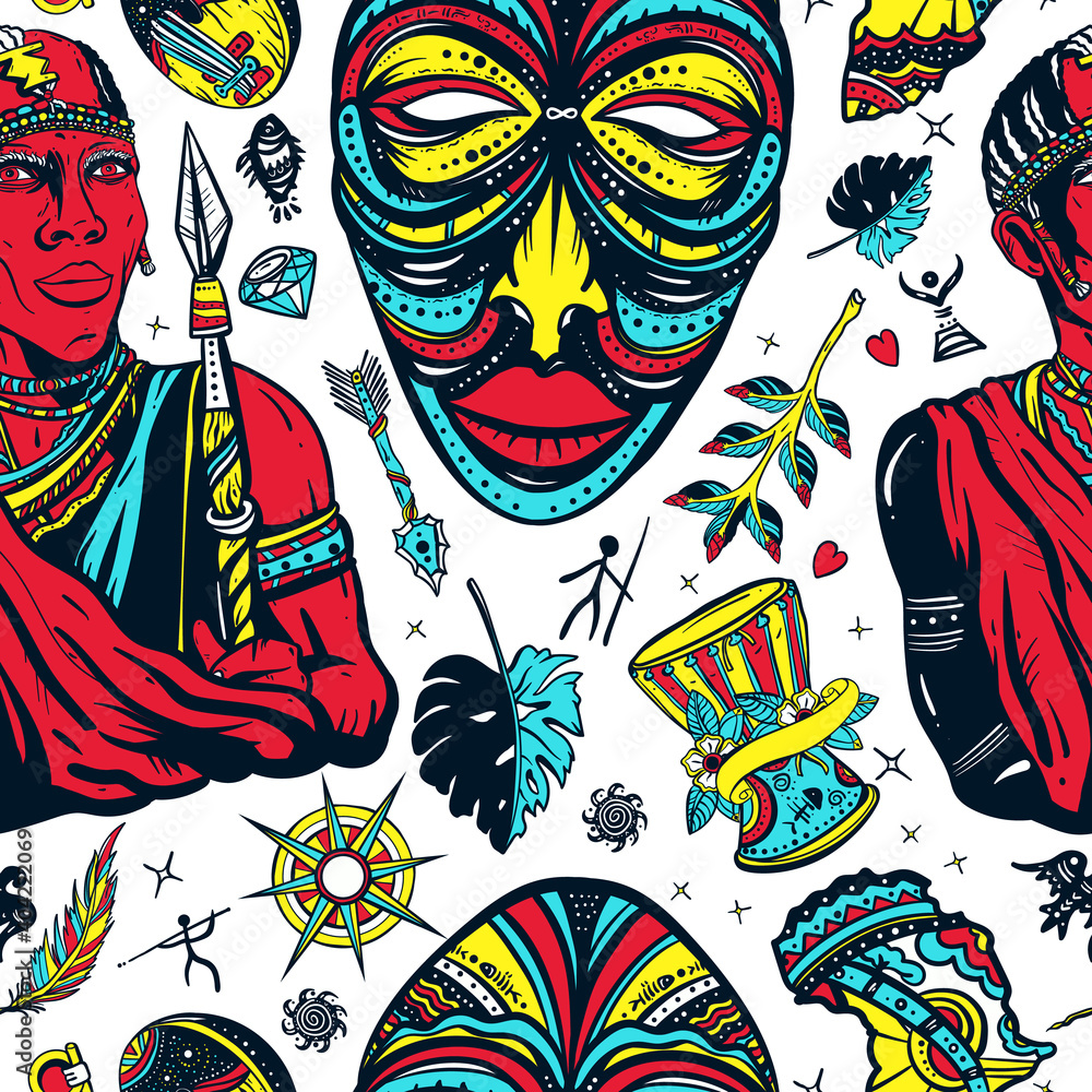 Africa seamless pattern. African maasai warrior, tribal mask, kalimba ...