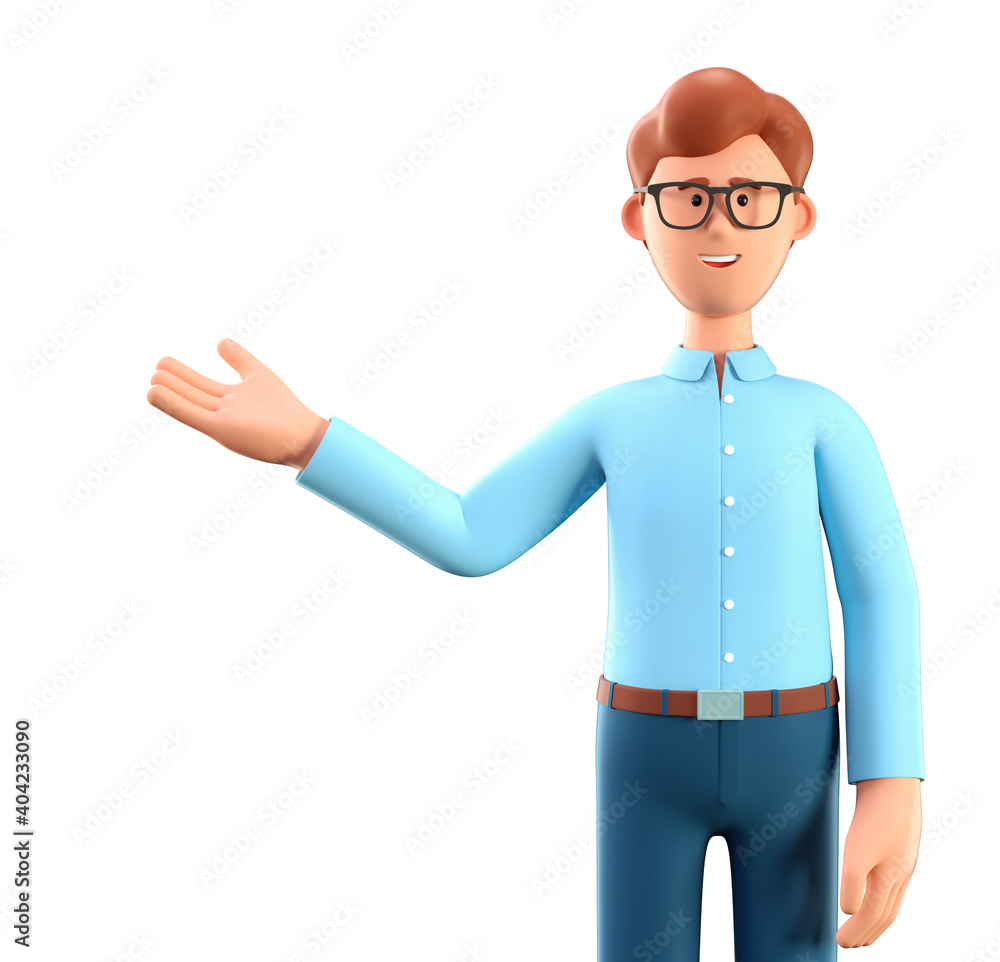 3D illustration of smiling man showing hand at direction. Close up ...