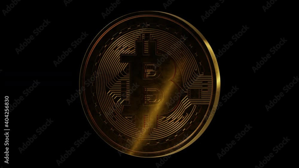 Endless dark animation with realistic rotating Bitcoin with alpha mask ...