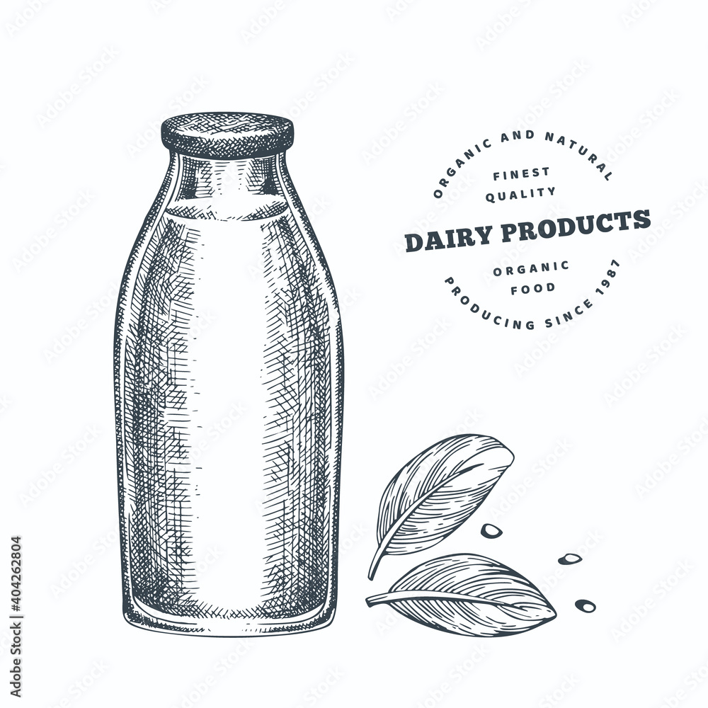 Hand drawn sketch style milk glass bottle. Organic fresh food vector ...