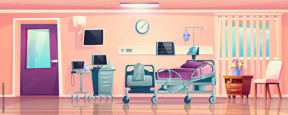 Interior of hospital ward room, post-operation recovery bed and medical ...