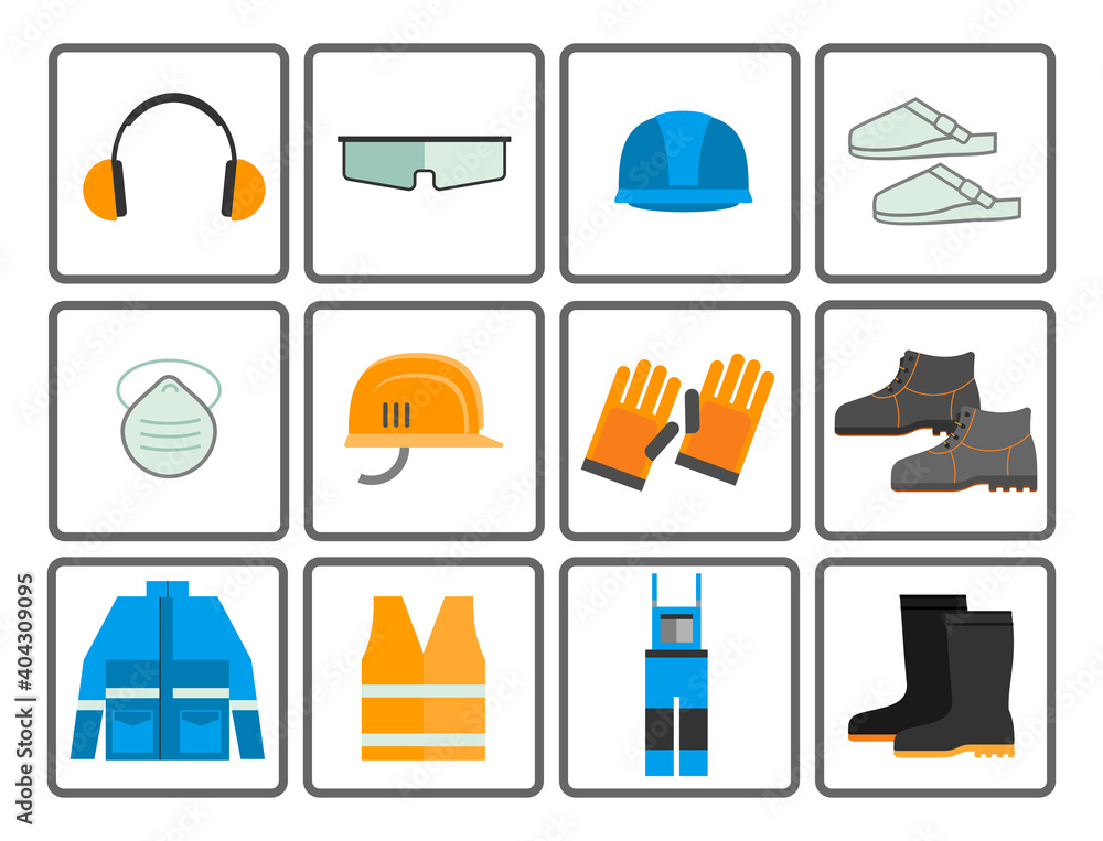 Flat job safety equipment vector icons set. Safety icon, equipment, job ...