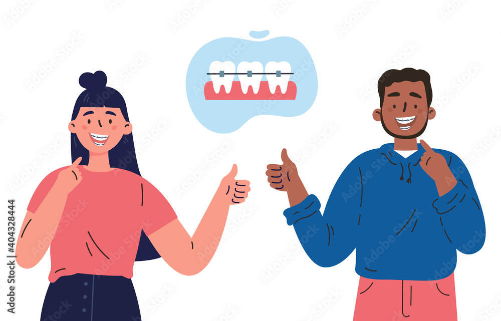 Trendy young woman and man with teeth braces. Dental care. People ...