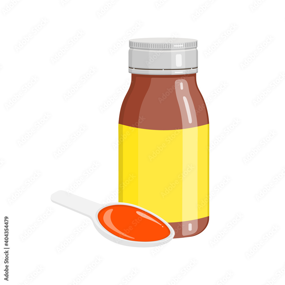 Cough syrup in bottle and spoon with poured doze isolated on white ...