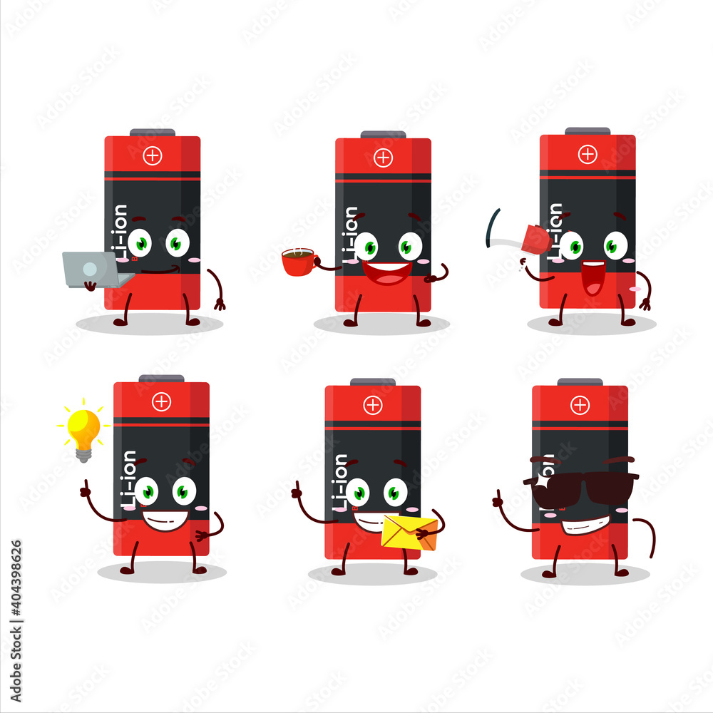 Li ion battery cartoon character with various types of business ...