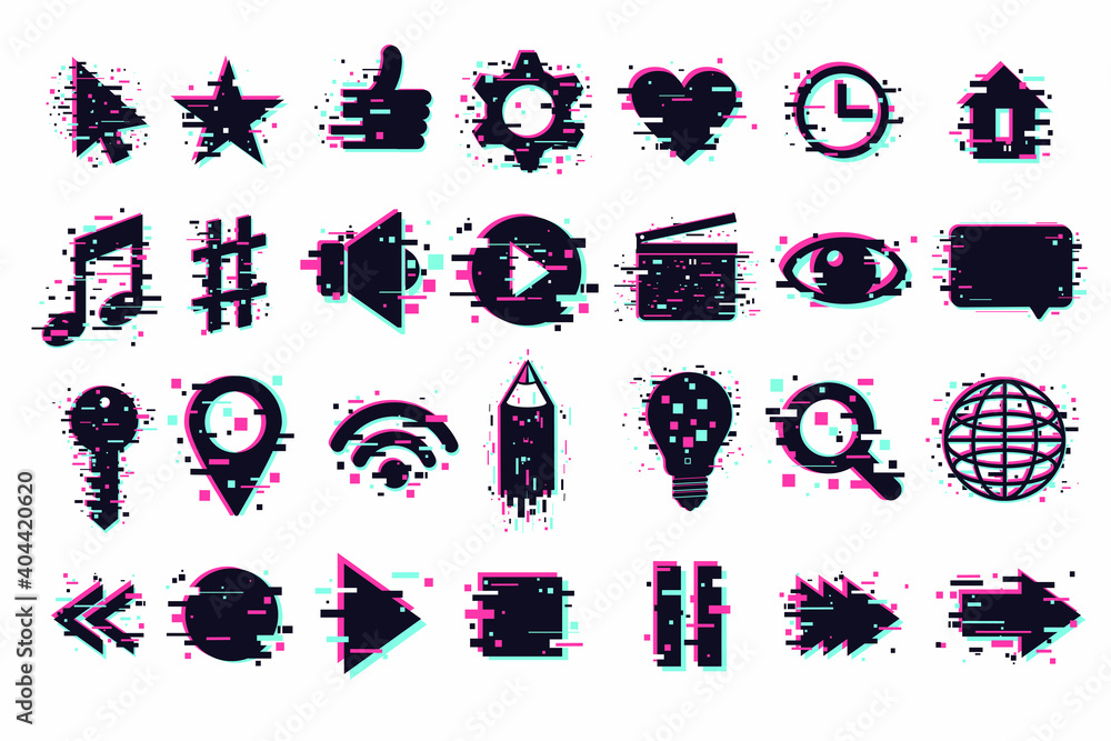 Web icons set. User interface symbols, glitch style. GUI elements ...