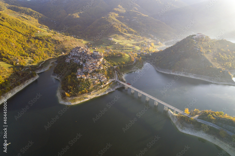 Aerial view of Lake Turano in Rieti, Castel di tora, colle di tora and ...