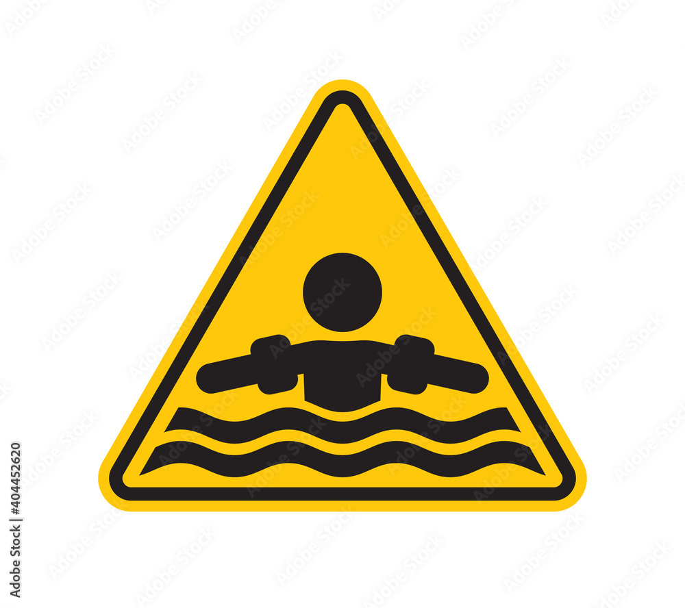 Vector yellow triangle sign - baby with water wings on waves. Isolated ...