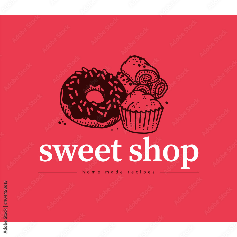 Sweet shop logo design with hand drawn buns, donut and cupcake ...