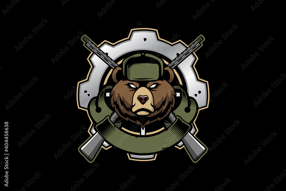 Bear army with cross rifle animal cartoon character vector logo ...