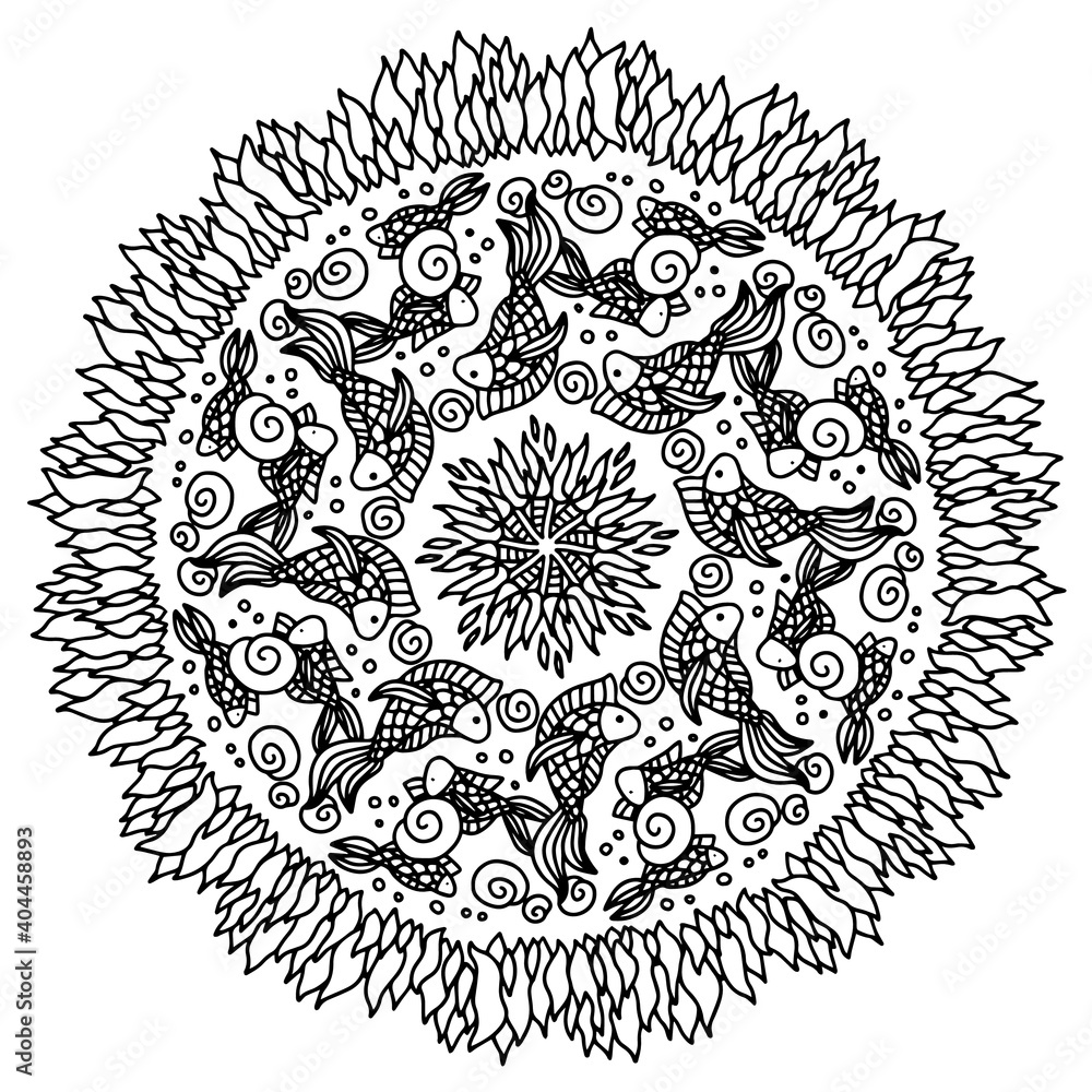 Mandala round fish lace shell sea ocean wave pattern lined doodle ...