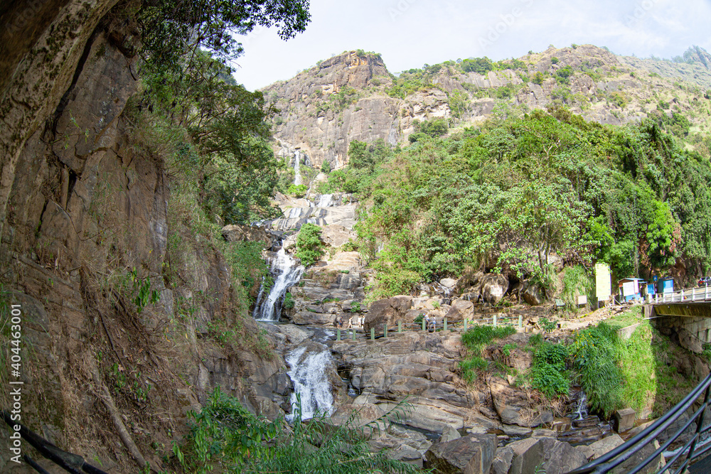 Ravana Waterfall in a rutting mountain gorge in Sri Lanka. Stock Photo ...