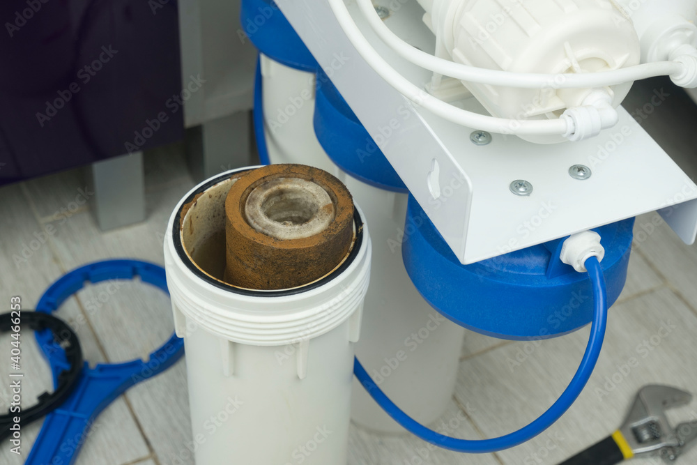 Dirty water filter cartridge used . Domestic water osmosis system at ...