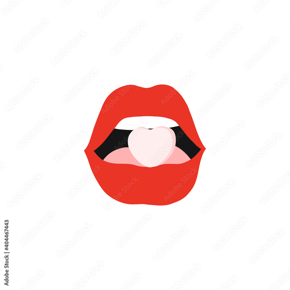 Sexy woman mouth open with heart shaped pill vector illustration ...