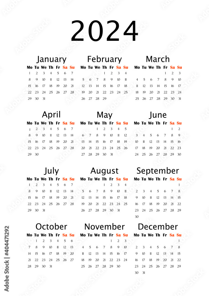 2024 Yearly calendar template, vertical A4 format, week starts Monday ...