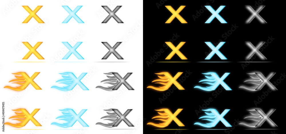 Attractive vector set of X letters with flame fire, freeze ice and ...