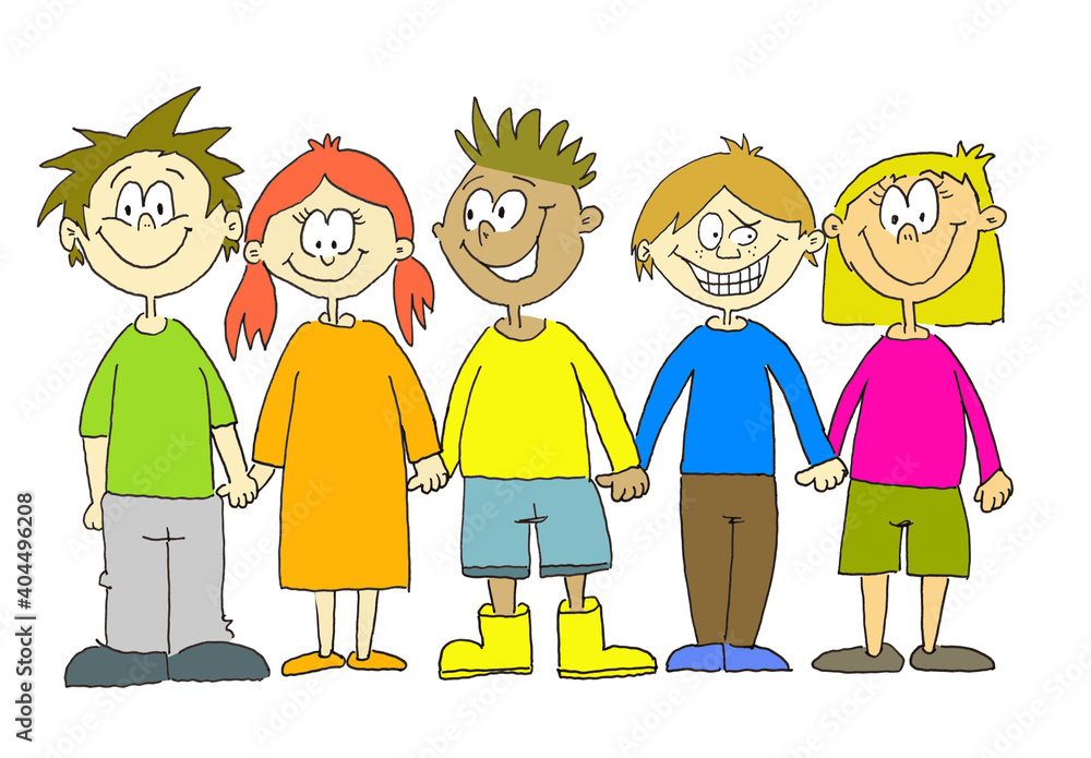 Cartoon Zeichnung: Fröhliche Kinder halten sich an den Händen Stock ...