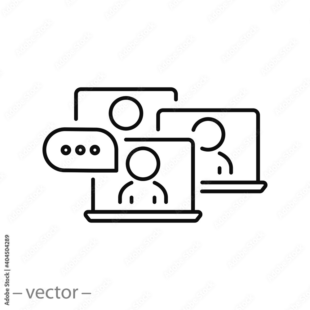 online webinar icon, chat at laptop, distant work in classroom, video ...