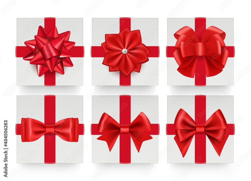 Red bows top view. Realistic gift bow with ribbon. White present boxes ...