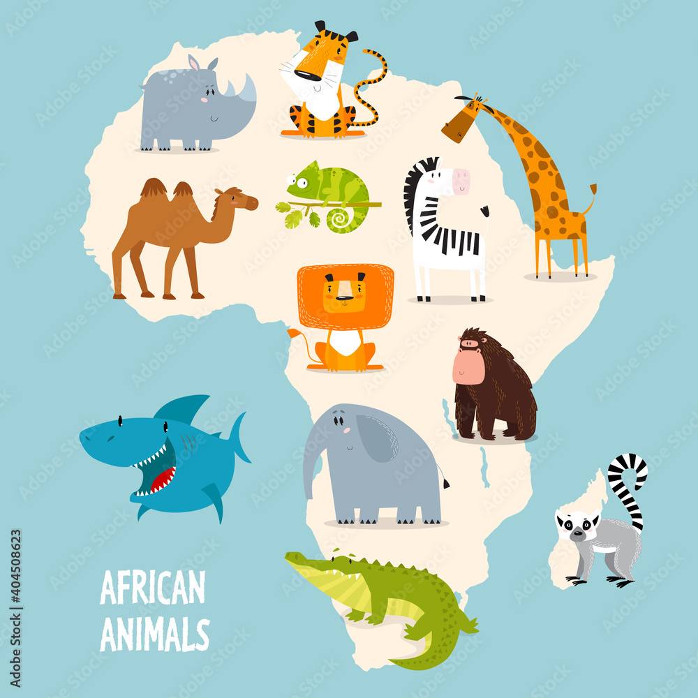 Print. map of Africa with animals. Card for children. Wild animals. Set ...