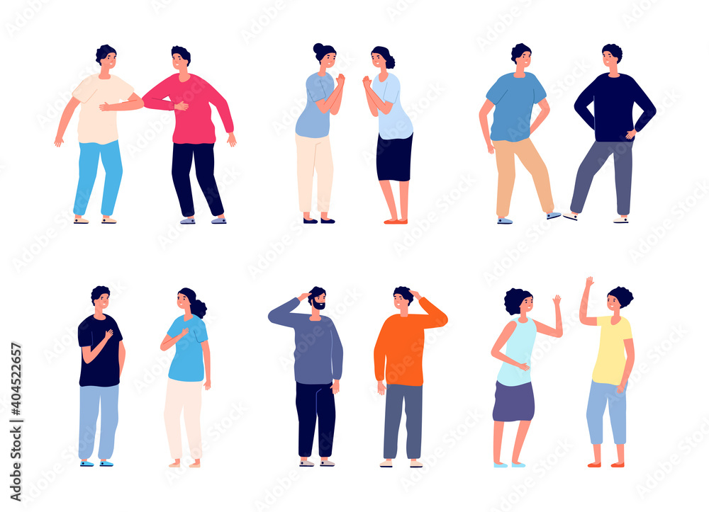 No contact greetings. Elbows bumping, corporate new rules communication ...