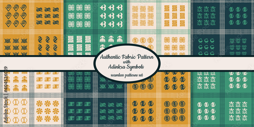 Collection of seamless authentic fabric patterns with african adinkra ...