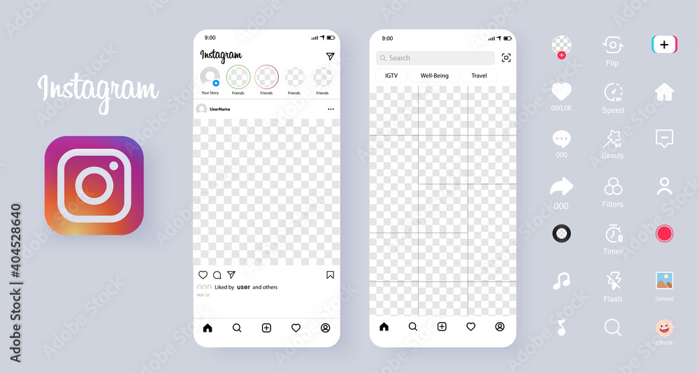 Vecteur Stock Screen interface in social media instagram application. Photo frame design app ...