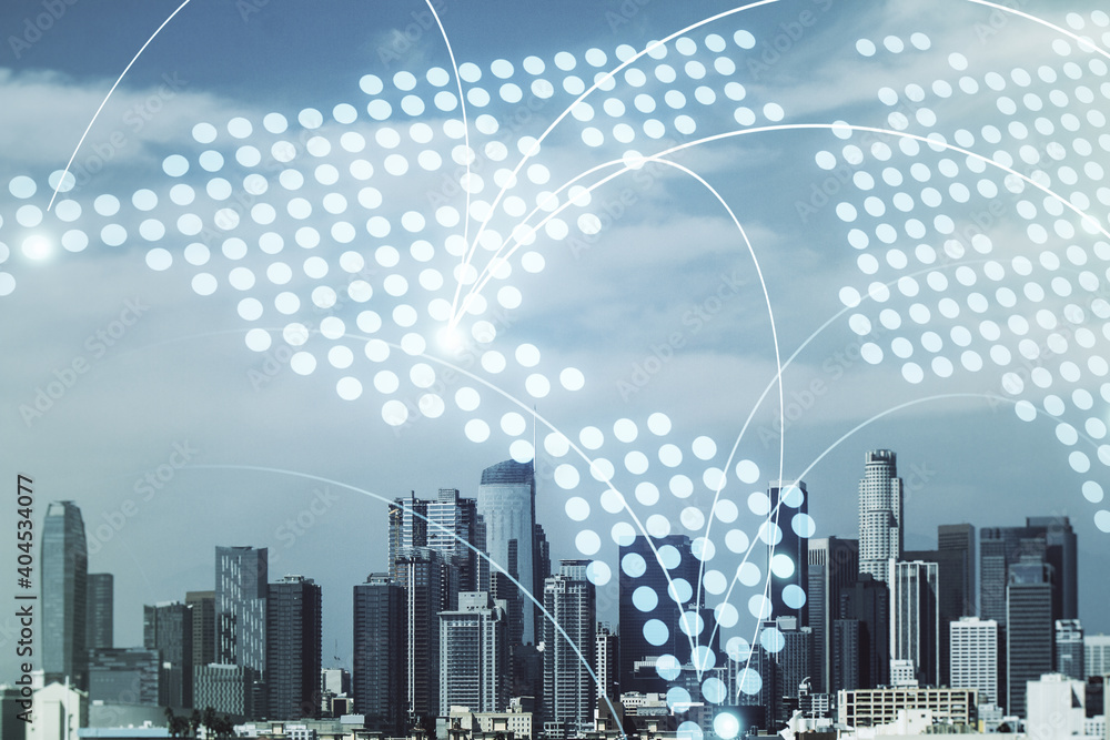 Abstract virtual world map with connections on Los Angeles skyline ...