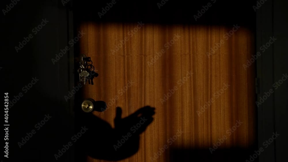 Scary shadow of a hand on the door. Silhouette of a thief hand trying ...