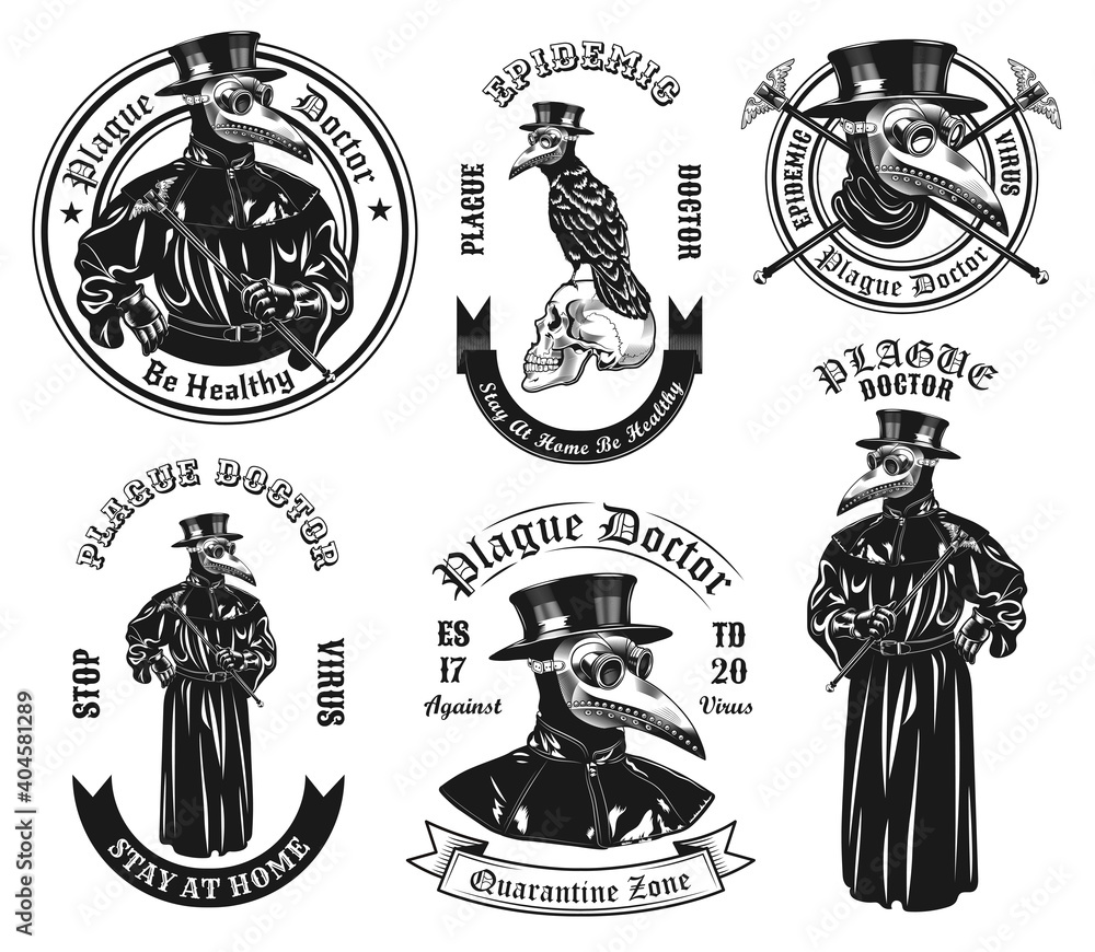 Monochrome plague doctor in costume vector illustration set. Vintage ...