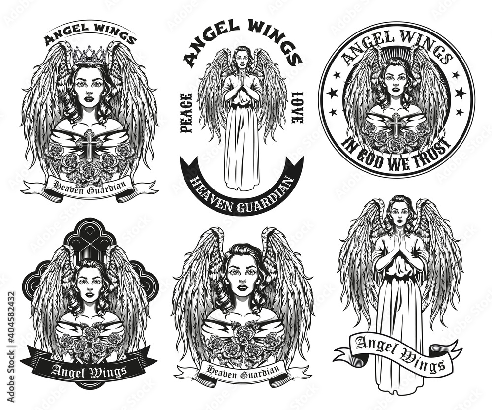 Vintage badges with pretty angel vector illustration set. Monochrome ...