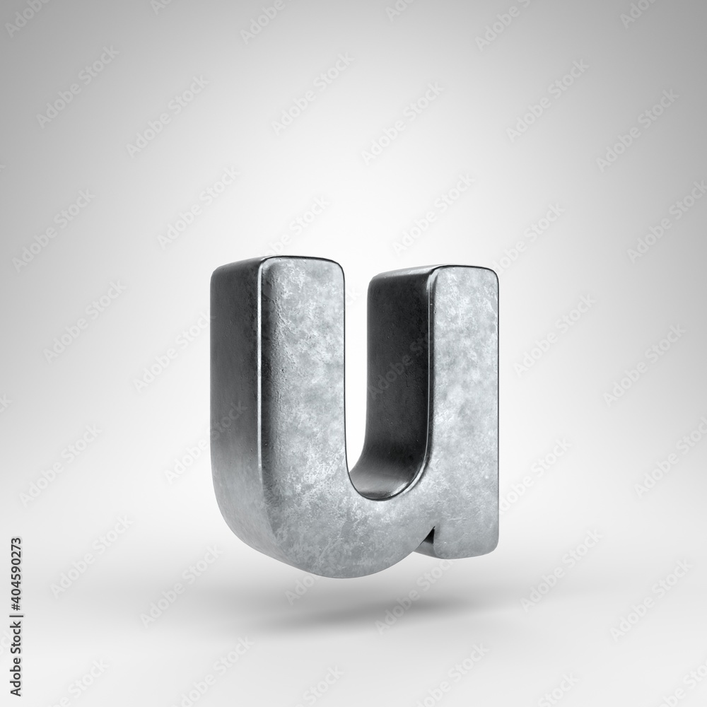 Letter U lowercase on white background. Gun metal 3D rendered font with ...
