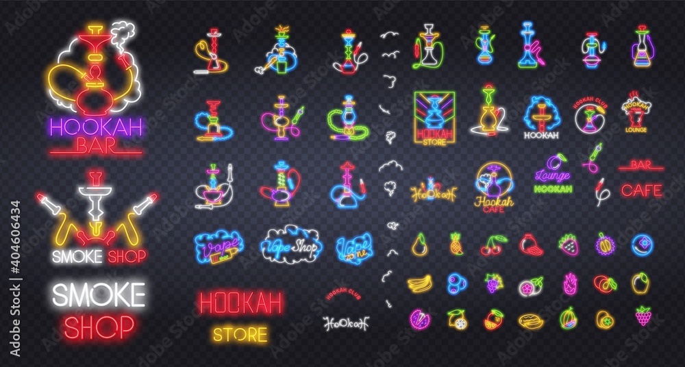 Big set of Hookah bar neon sign, bright signboard, light banner. Neon ...