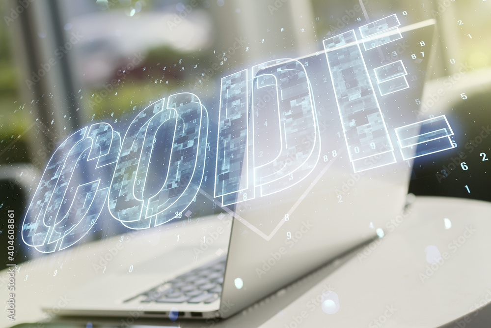 Creative Code word hologram on modern computer background, artificial ...