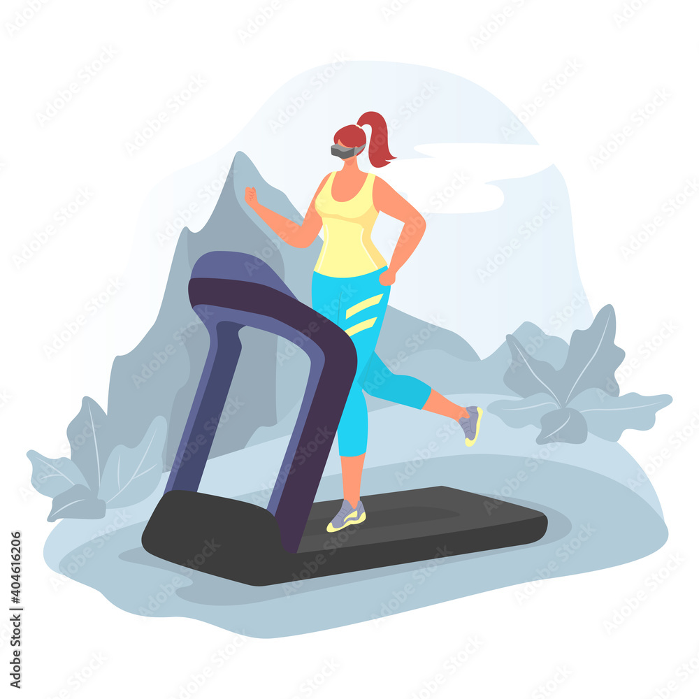 Virtual reality sport simulator, modern technology woman running on ...