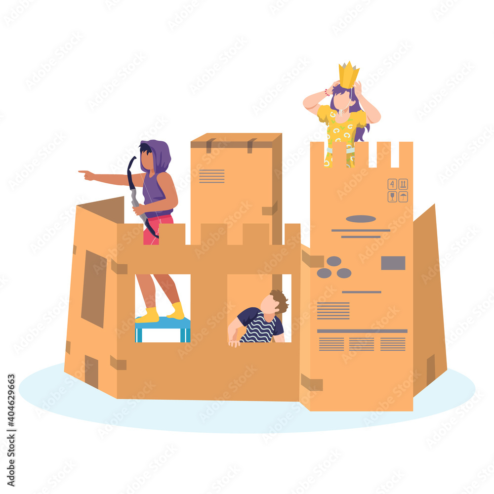 Group children play and build together cardboard castle, creative ...